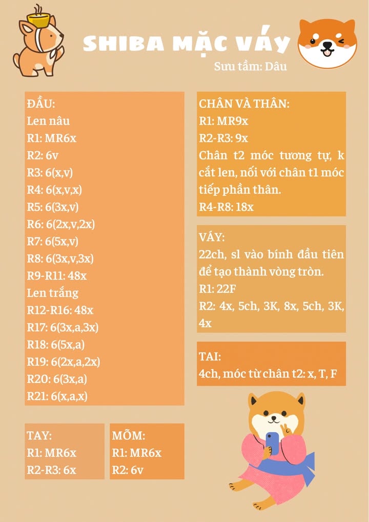 Chart móc len Shiba mặc váy 🐶 M.n có thắc mắc về chart cmt mình giải ...
