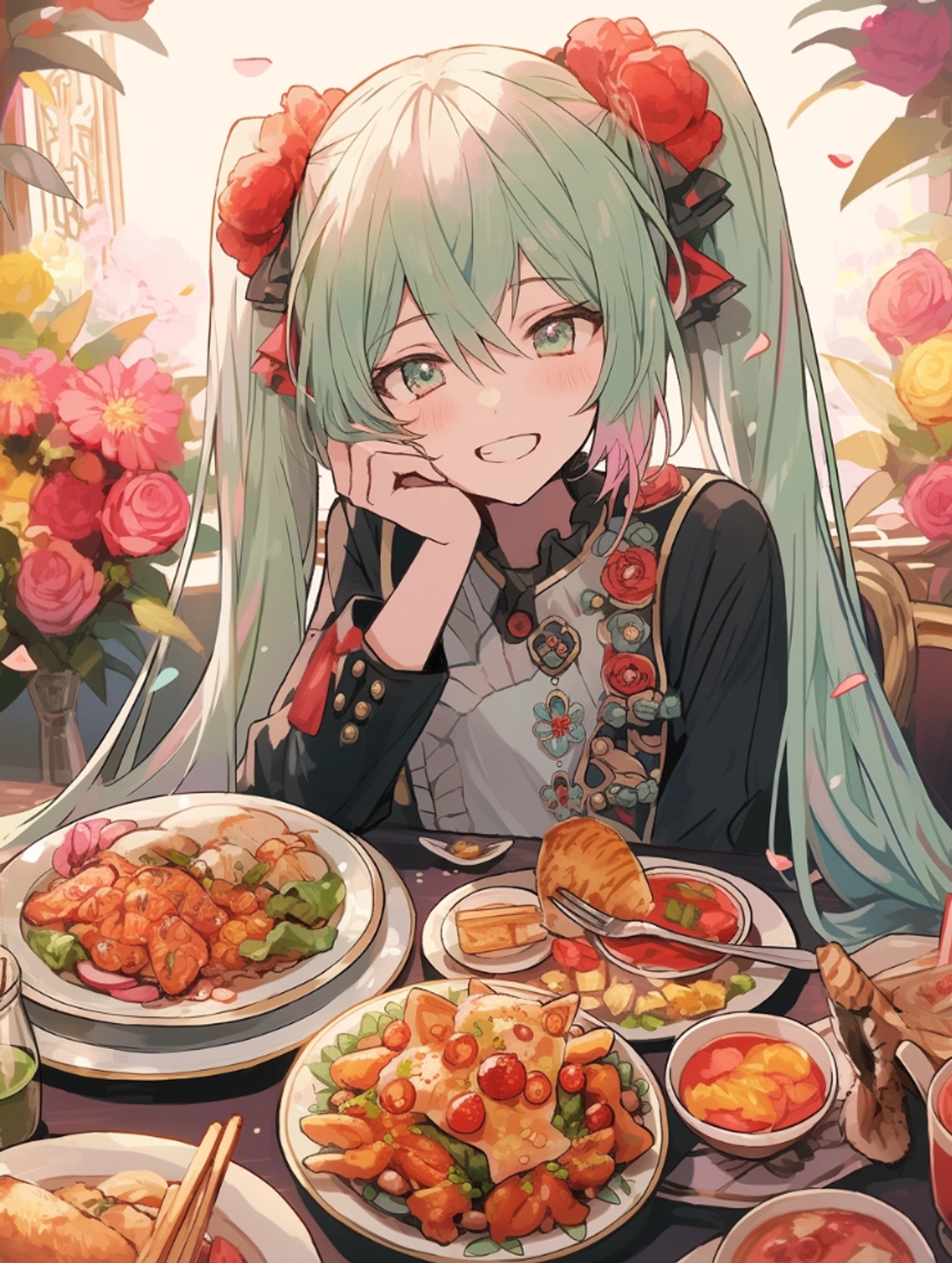 prompt: miku enjoying a lavish feast [model sample, results subject to ...
