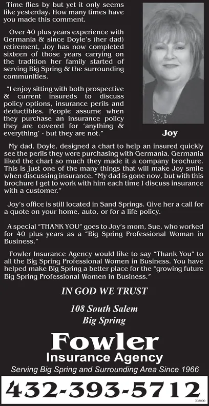 MONDAY, SEPTEMBER 23, 2019 Ad - Fowler Insurance Agency - Big Spring Herald