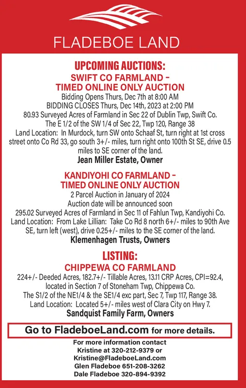 FRIDAY, DECEMBER 1, 2023 Ad - Fladeboe Land - West Central Tribune