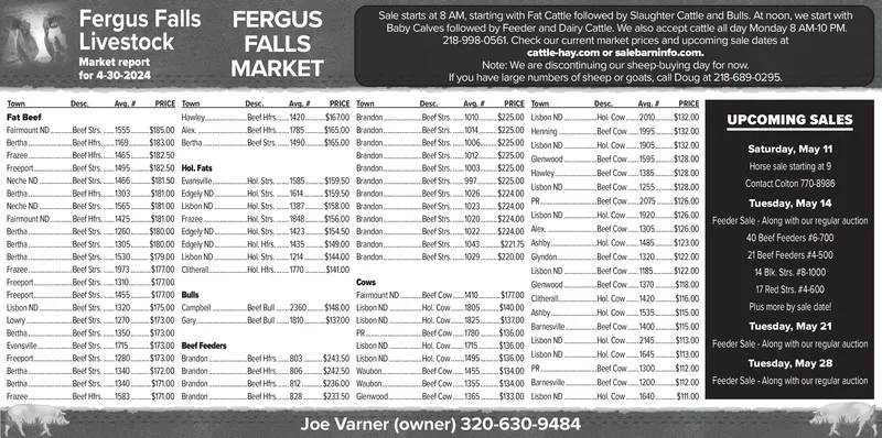 MONDAY, MAY 20, 2024 Ad - Fergus Falls Livestock Auction Market - The Forum