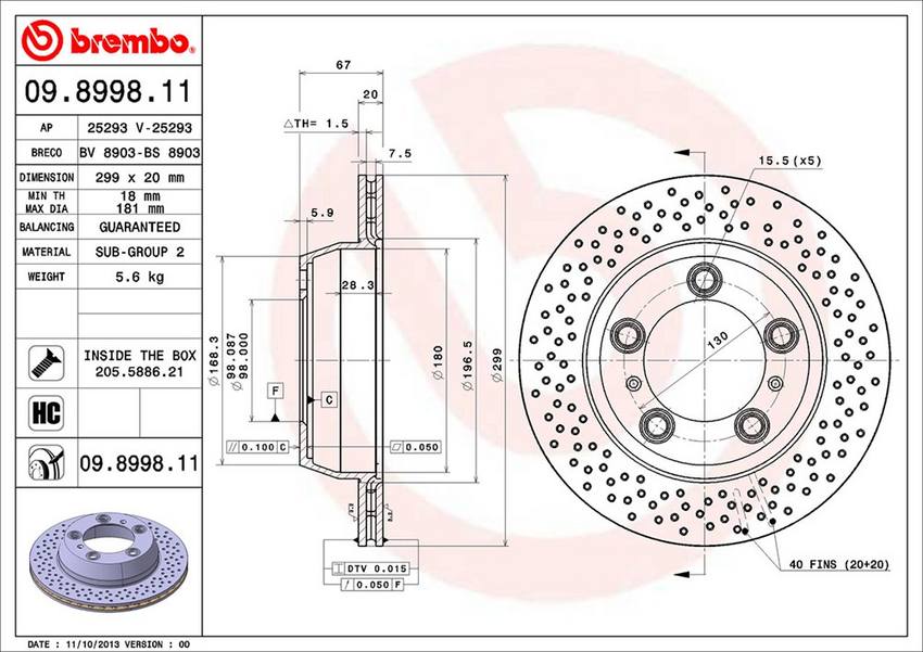 Porsche Brembo Disc Brake Rotor – Rear (299mm) 98735240101 Brembo 09. ...