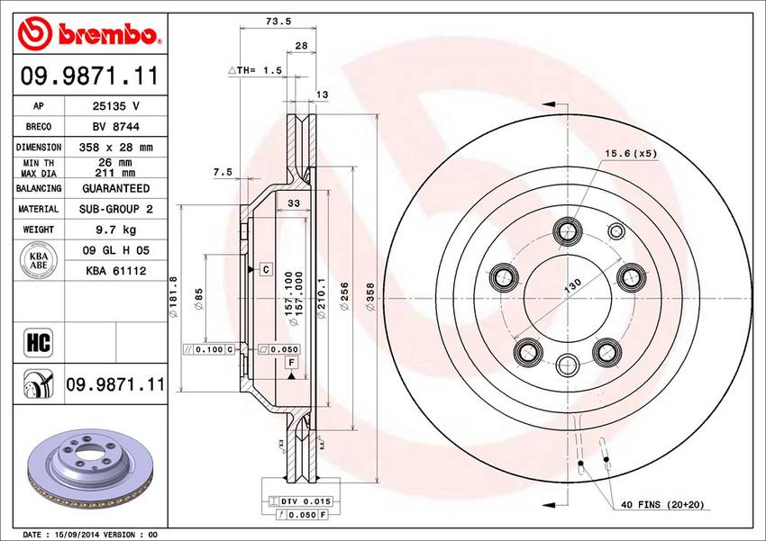 Porsche Brembo Disc Brake Rotor – Rear (358mm) 7L8615601E Brembo 09.9871.11
