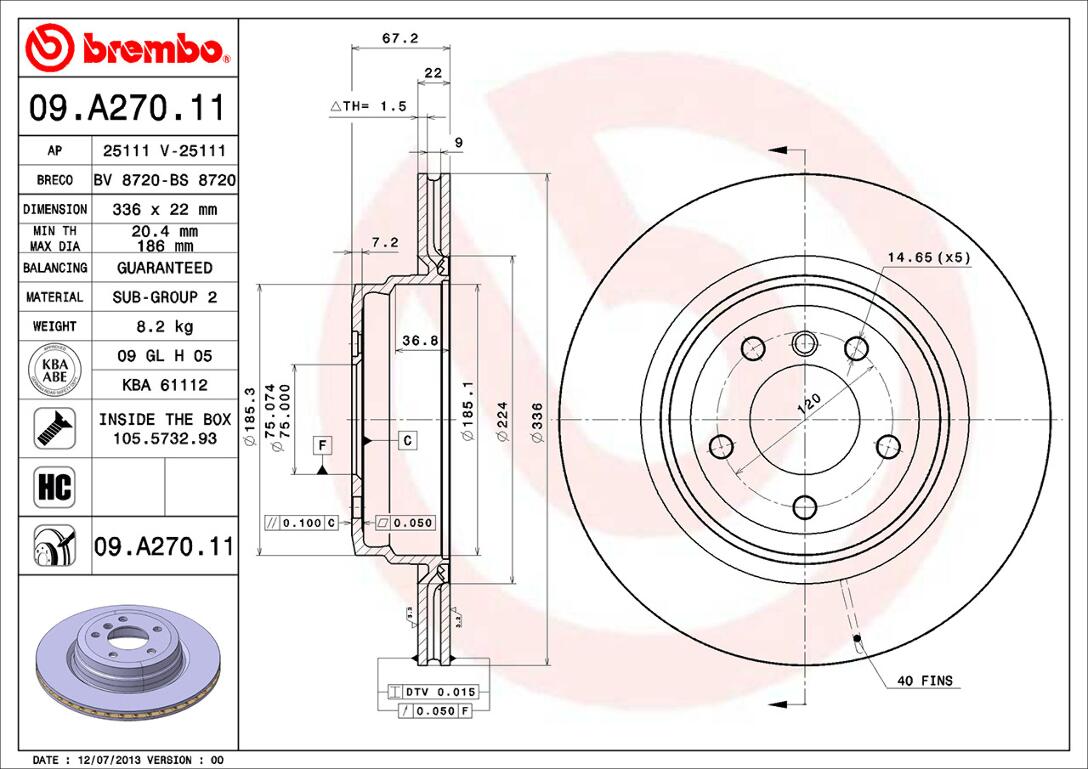 BMW Brembo Disc Brake Rotor – Rear (336mm) 34216855004 Brembo 09.A270.11