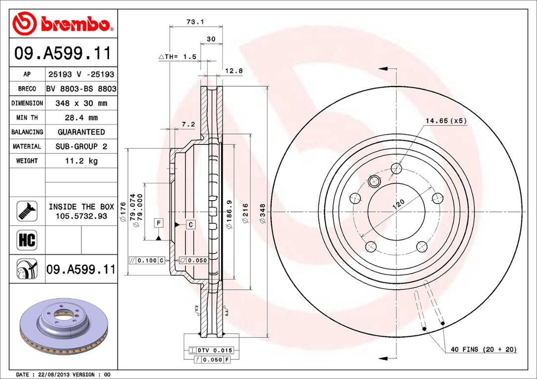 BMW Brembo Disc Brake Rotor – Front (348mm) 34116855000 Brembo 09.A599.11