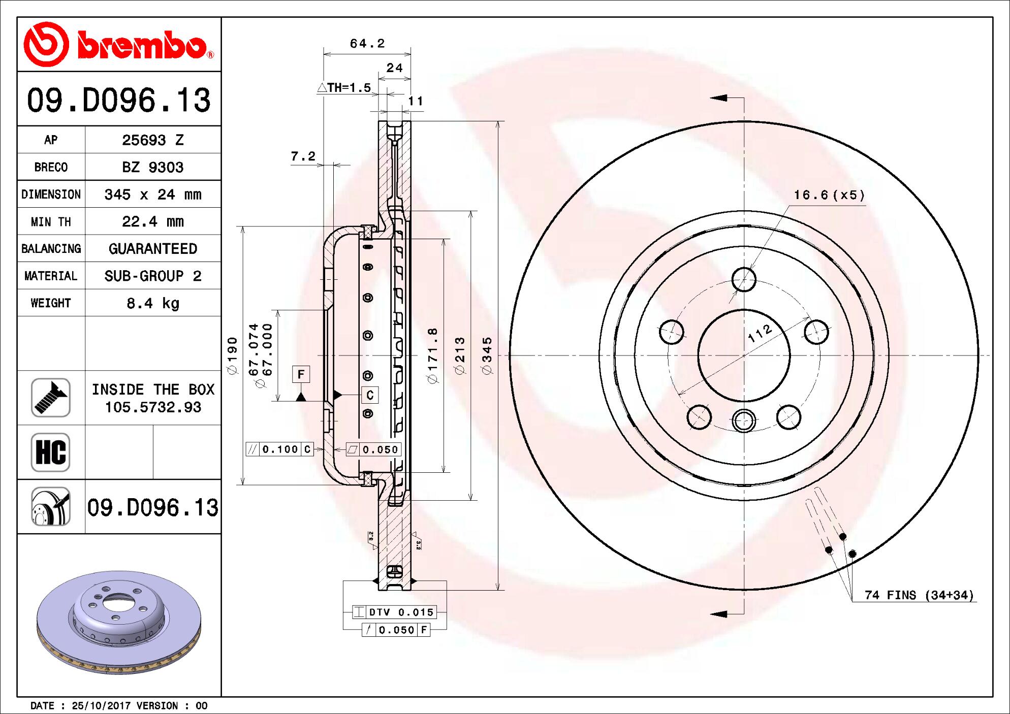 BMW Brembo Disc Brake Rotor – Rear (345mm) 34216860925 Brembo 09.D096.13