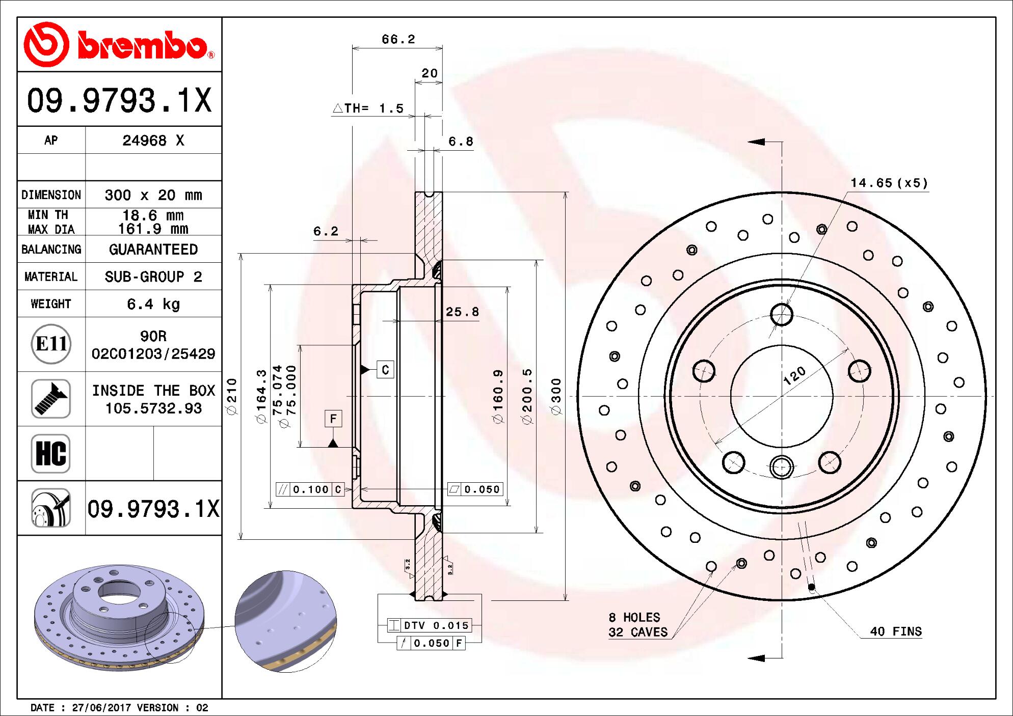 BMW Brembo Disc Brake Rotor – Rear (300mm) 34216855007 Brembo 09.9793.1X