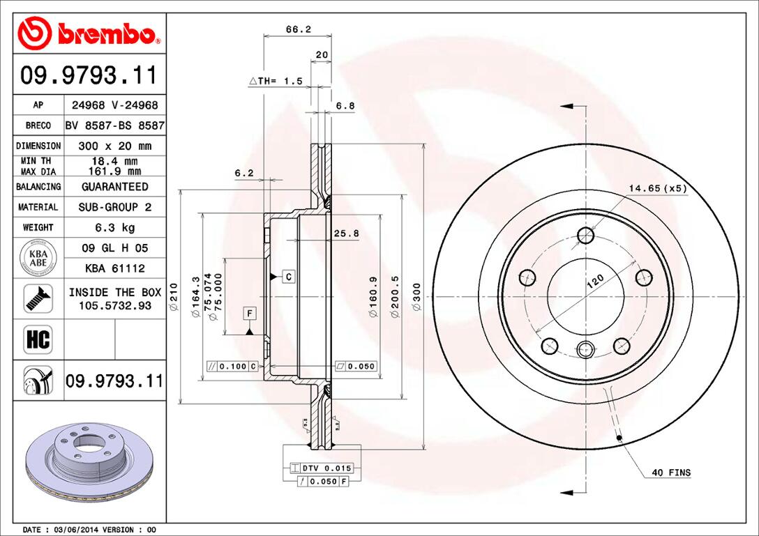 BMW Brembo Disc Brake Rotor – Rear (300mm) 34216855007 Brembo 09.9793.11