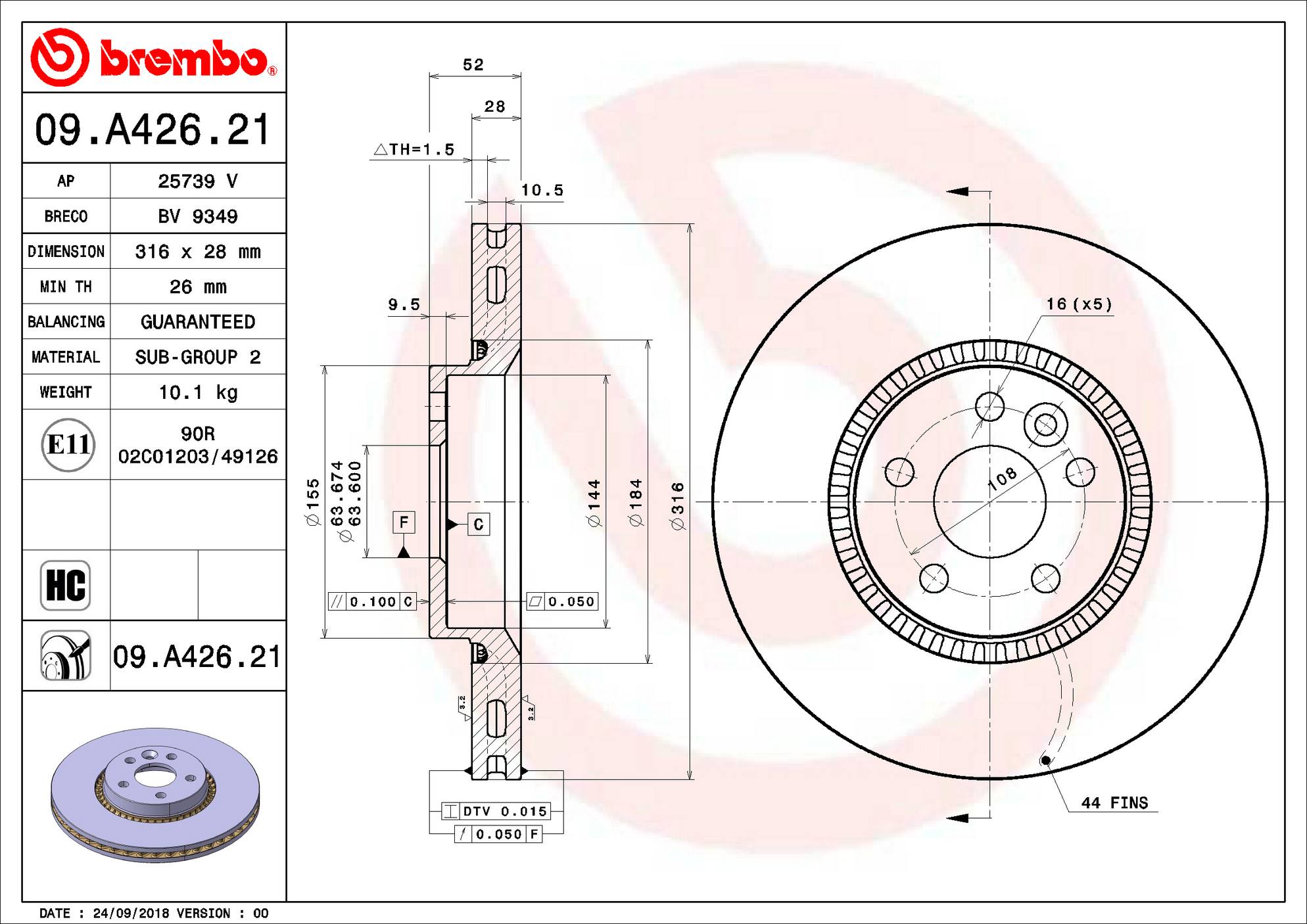 Volvo Disc Brake Rotor – Front (316mm) 31400764 Brembo 09.A426.21