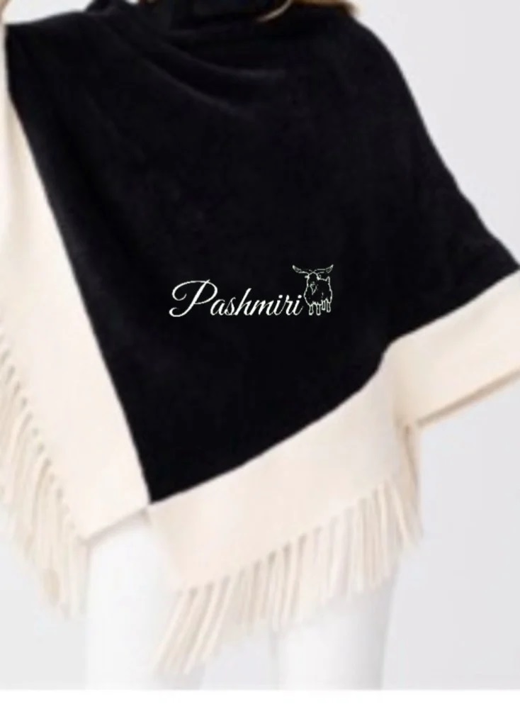 Black shawl with a white side, natural rabbit fur with Kashmiri and ...