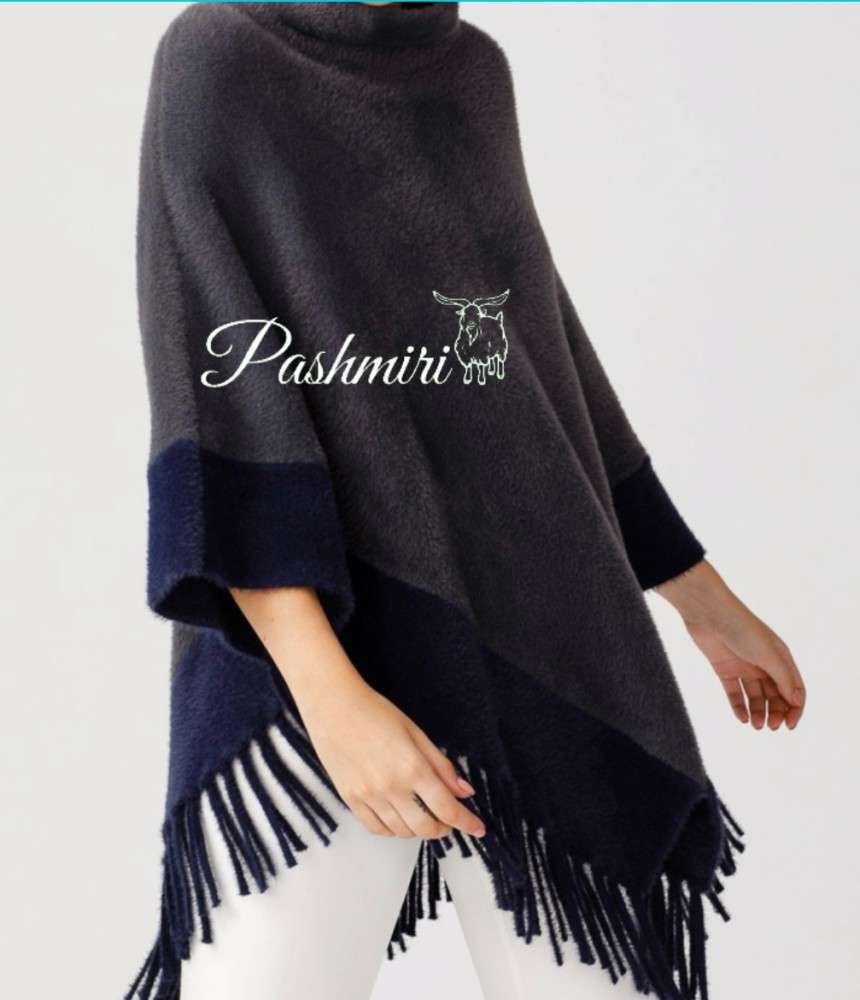 Gray shawl with navy side , natural rabbit fur with Kashmiri and ...