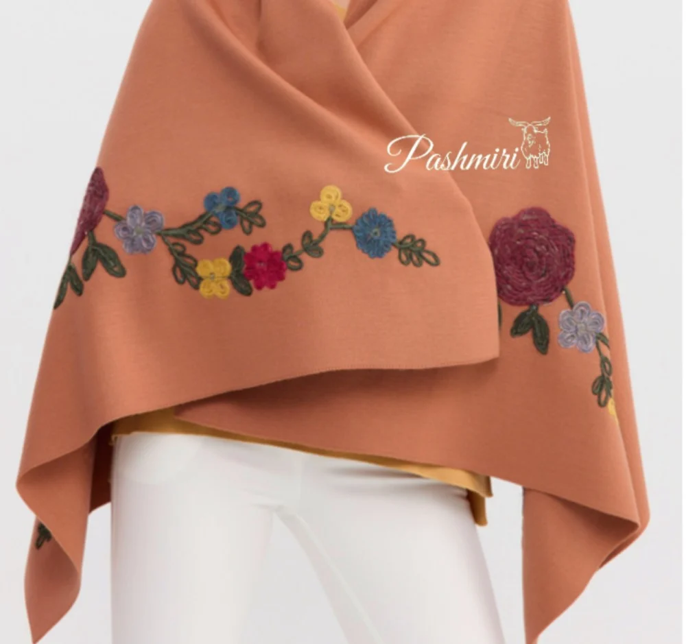 Warm apricot shawl, Kashmiri wool with embroidered Turkish wool, 90 x ...