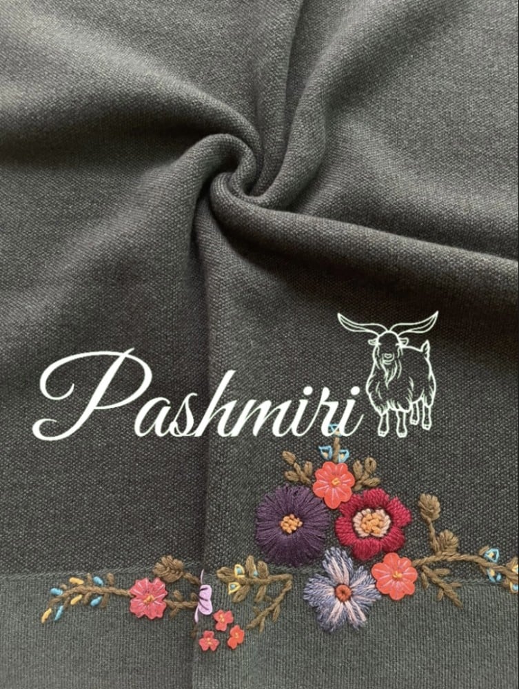Gray Kashmiri wool shawl with Turkish wool hand embroidery, 72 x 160 cm ...