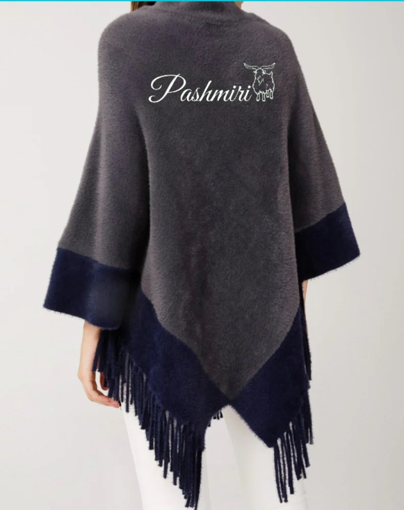 Gray shawl with navy side , natural rabbit fur with Kashmiri and ...