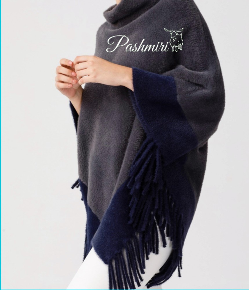 Gray shawl with navy side , natural rabbit fur with Kashmiri and ...