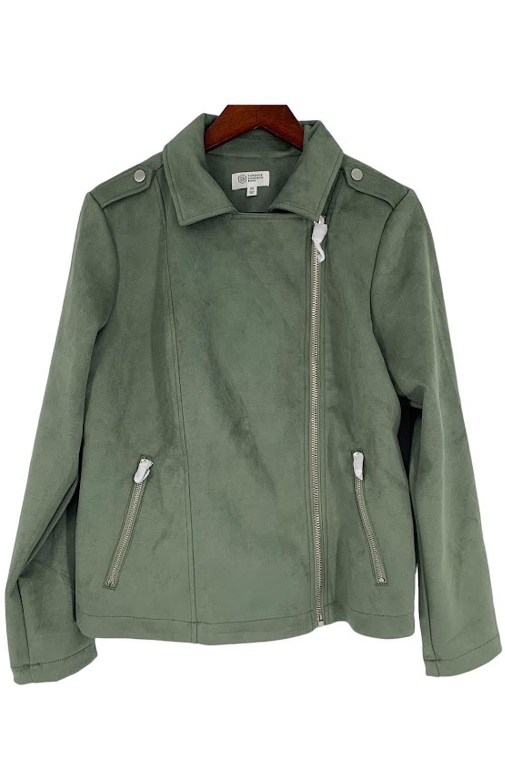 Candace Cameron Bure Faux Suede Moto Jacket Olive | Jender