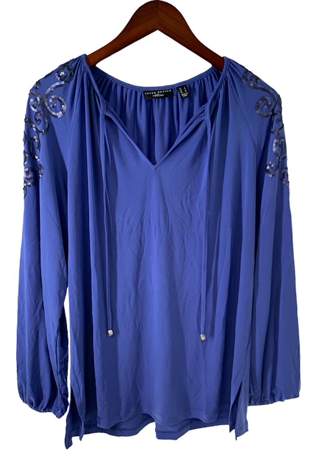 Susan Graver Artisan Liquid Knit Peasant Blouse w/ Keyhole Blue Breeze ...