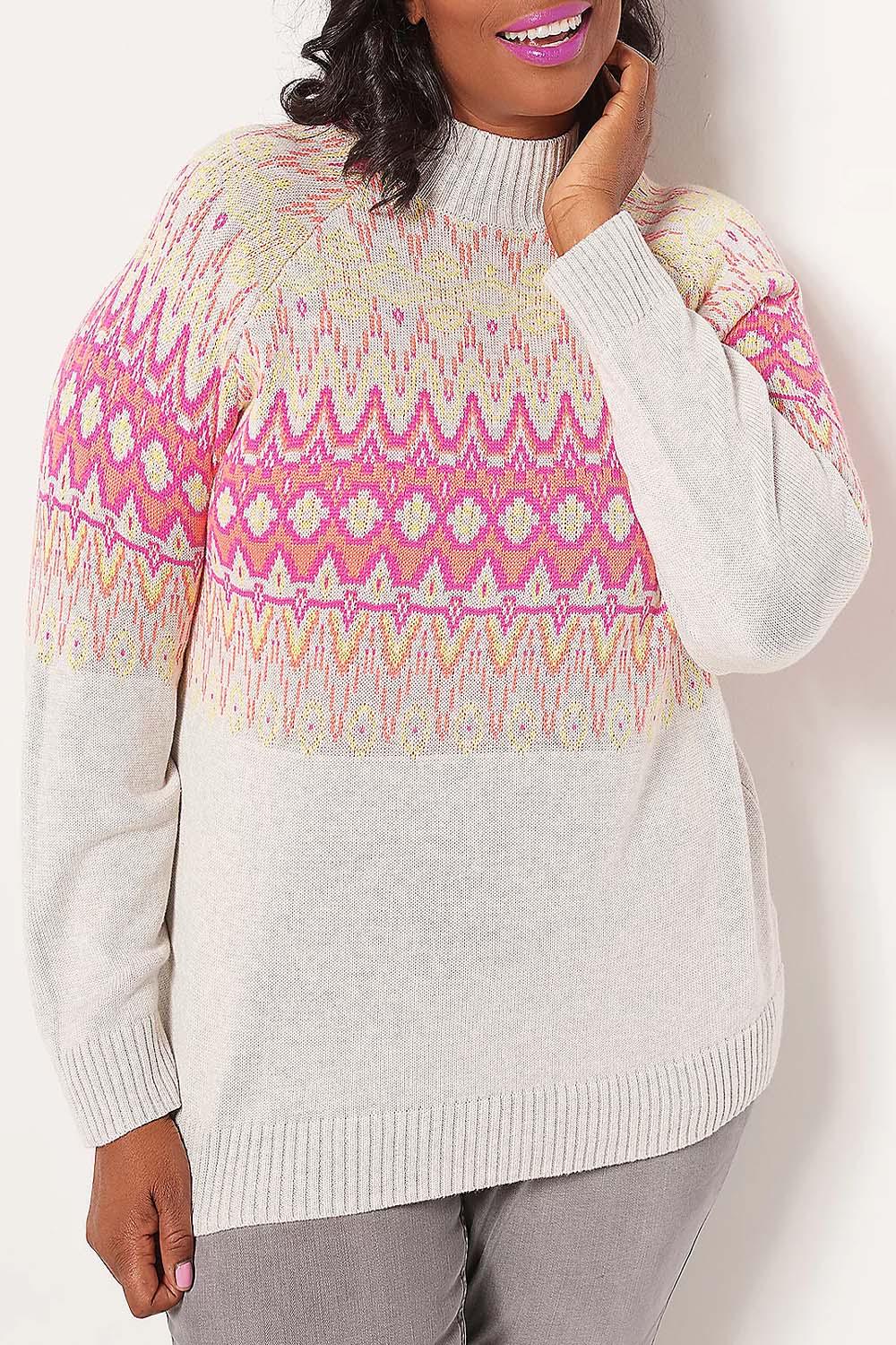 Candace Cameron Bure Fair Isle Mock-Neck Sweater Soft Heather Grey | Jender