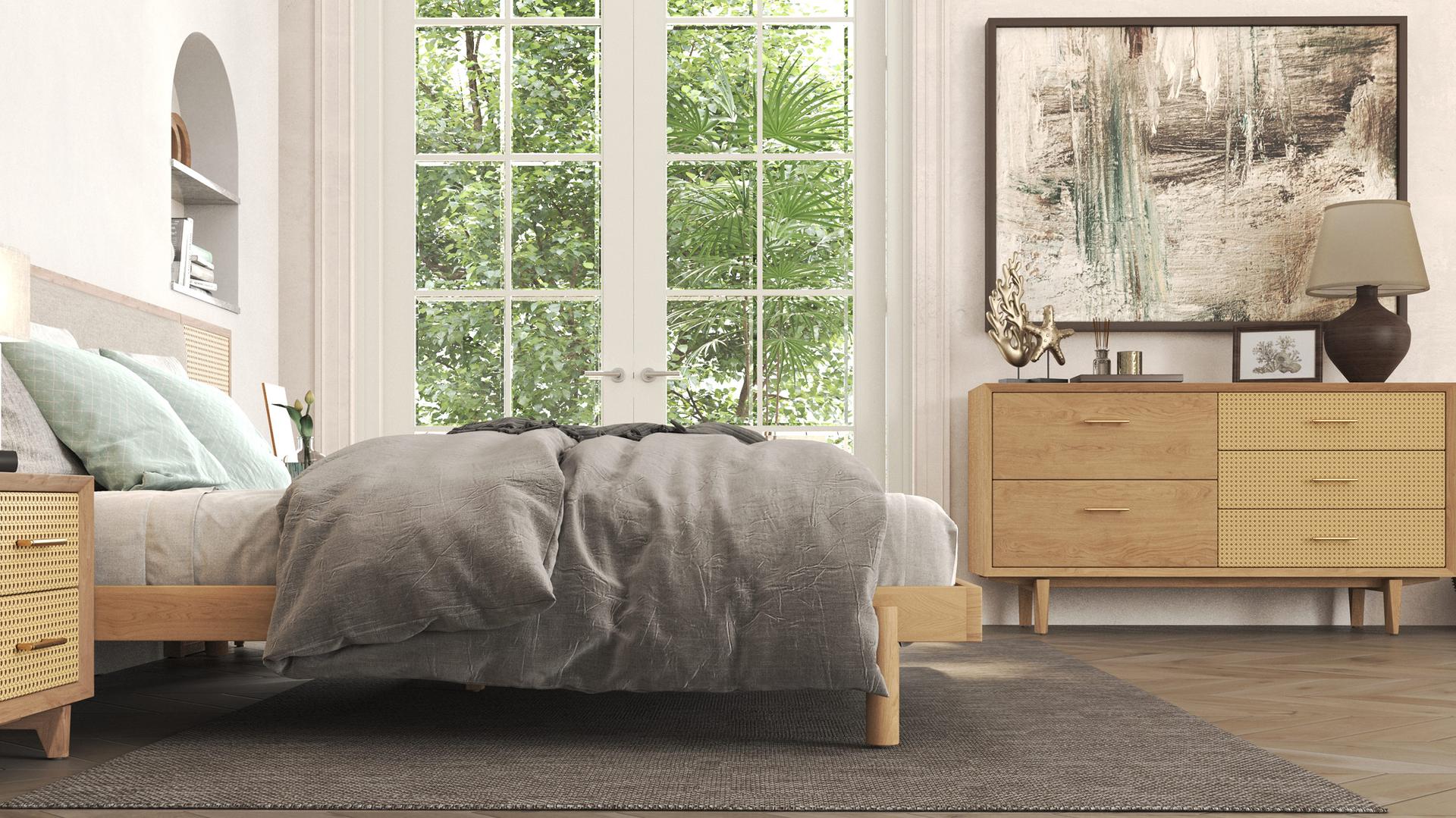 Dane Wide Dresser | Solid Teak, Wicker & Brass Accents