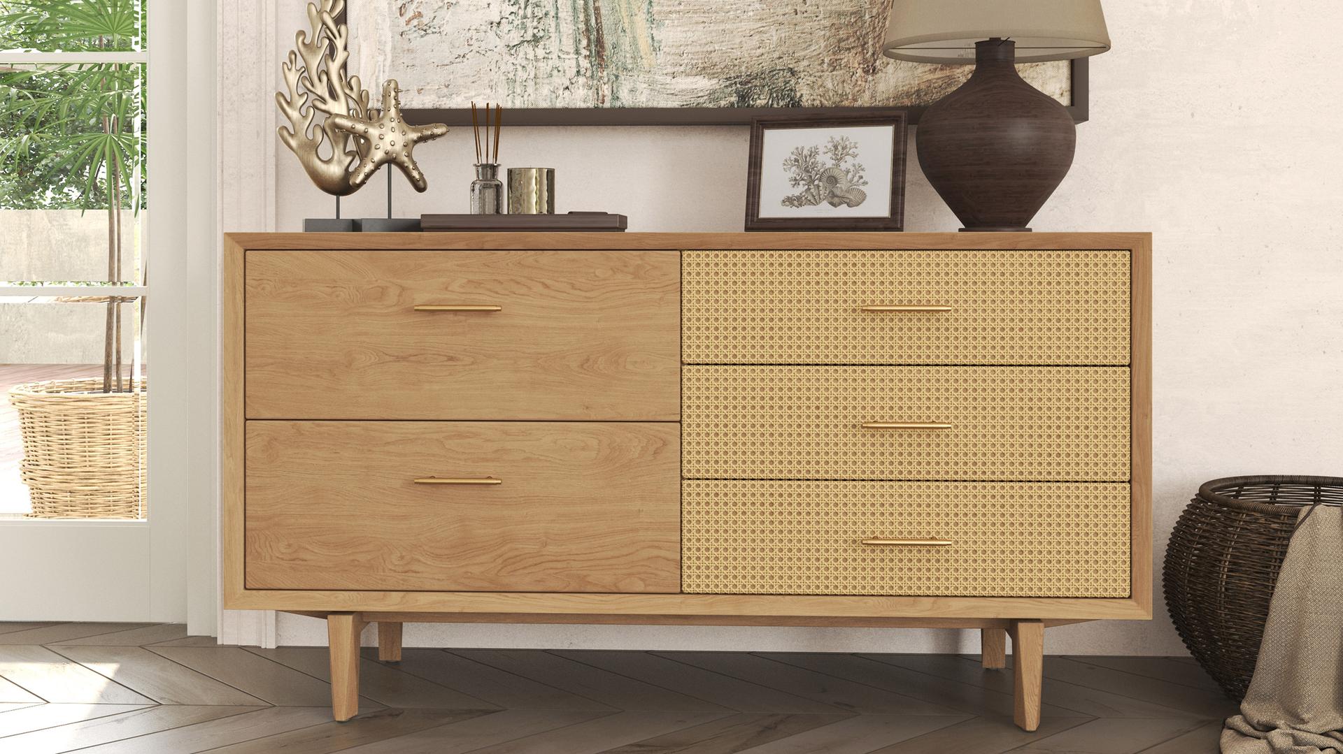 Dane Wide Dresser | Solid Teak, Wicker & Brass Accents