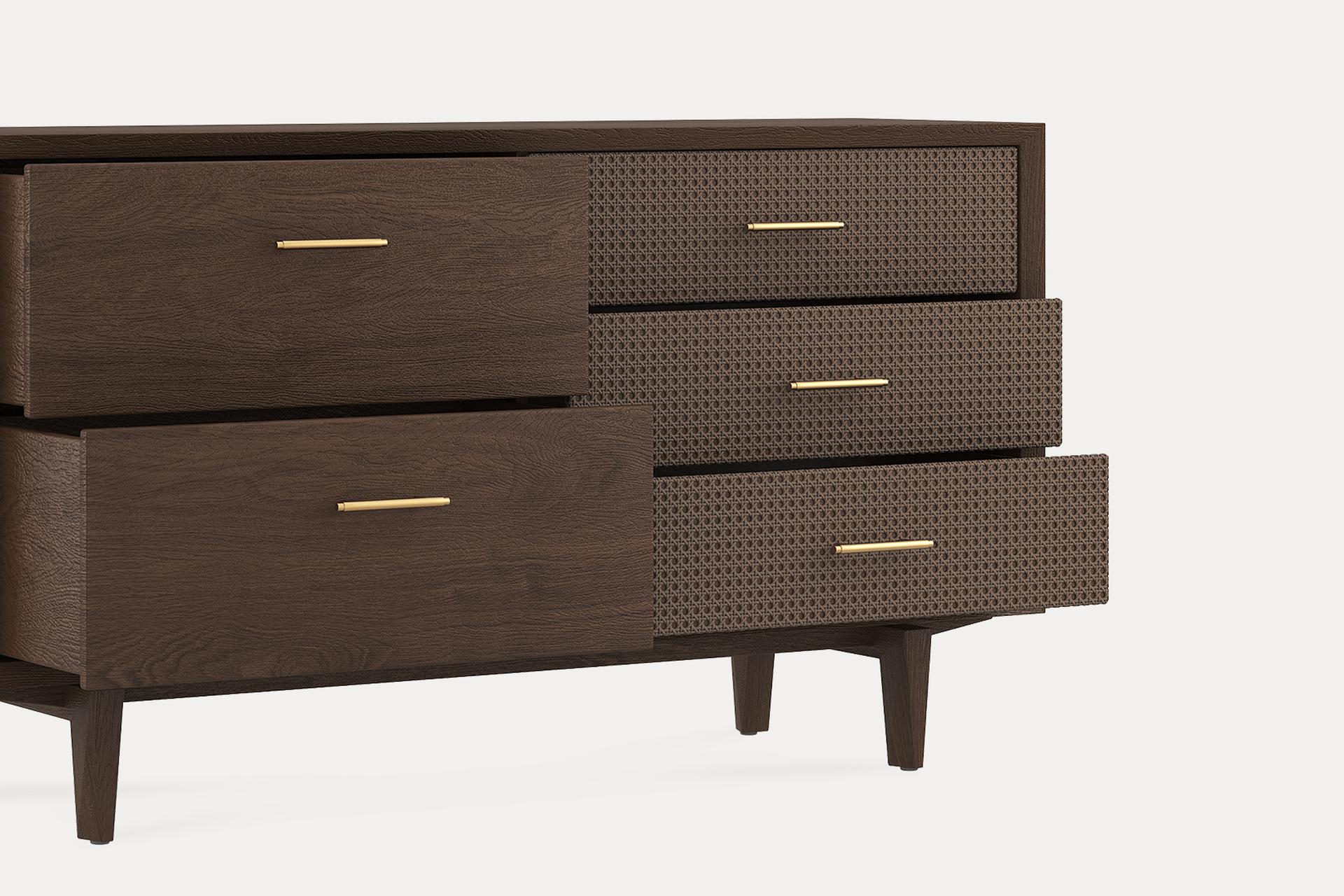 Dane Wide Dresser | Solid Teak, Wicker & Brass Accents