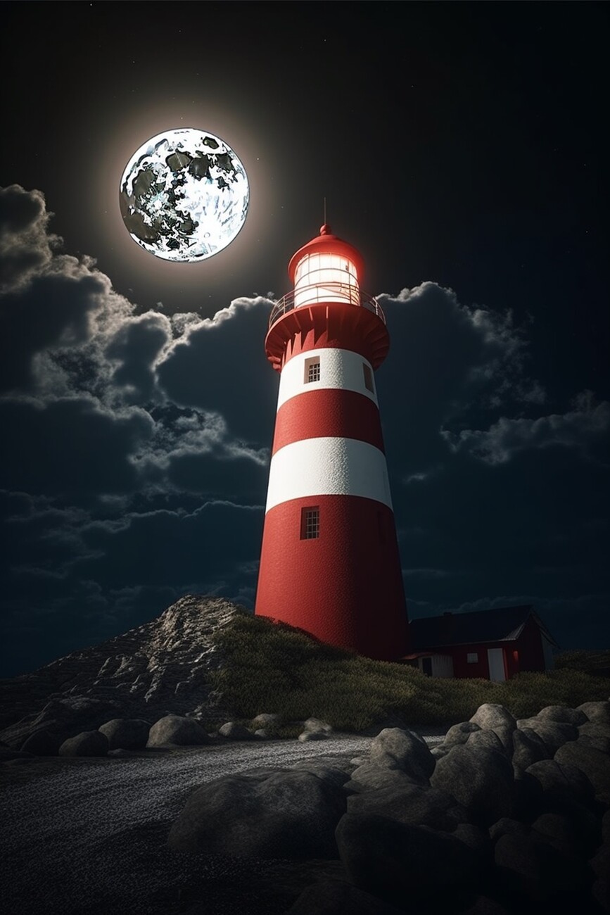 Lighthouses At Night And Moon