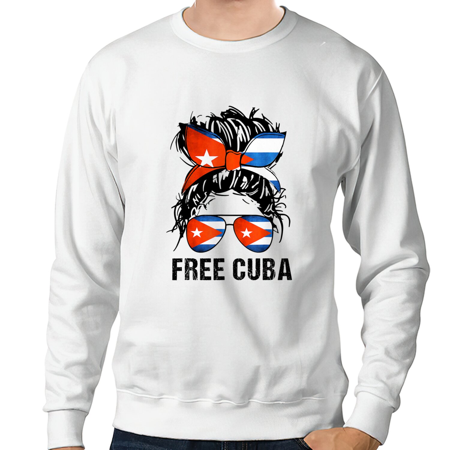 Messy Hair Woman Bun Free Cuba Flag Sos Cuban Sweatshirts