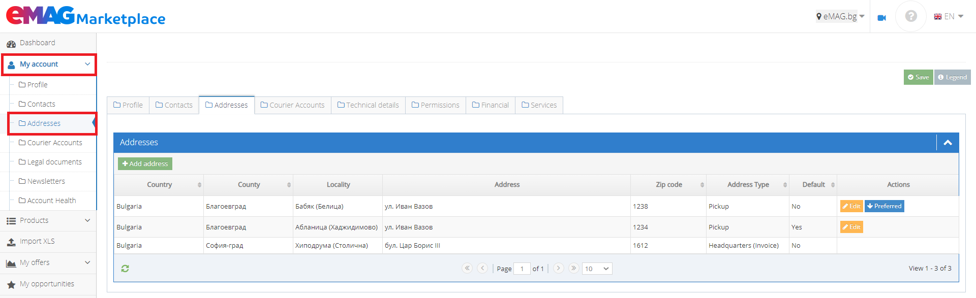 My account – Addresses - eMAG Marketplace