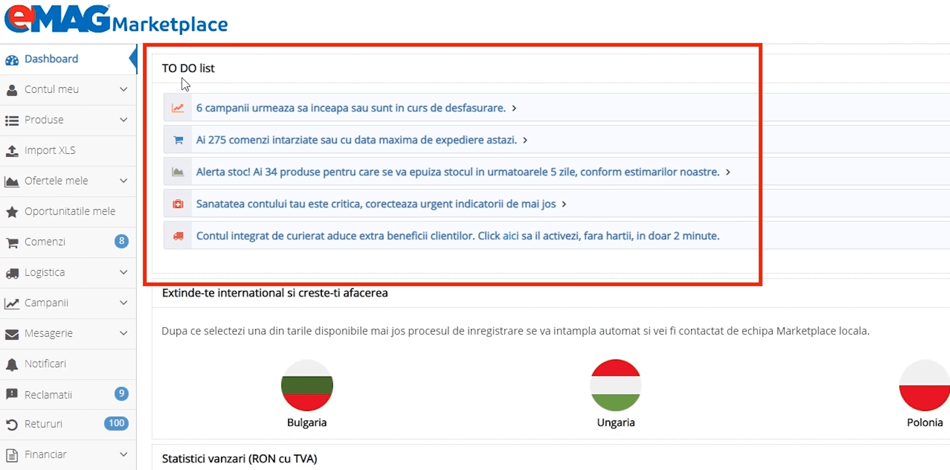 Dashboard: TO DO list - eMAG Marketplace
