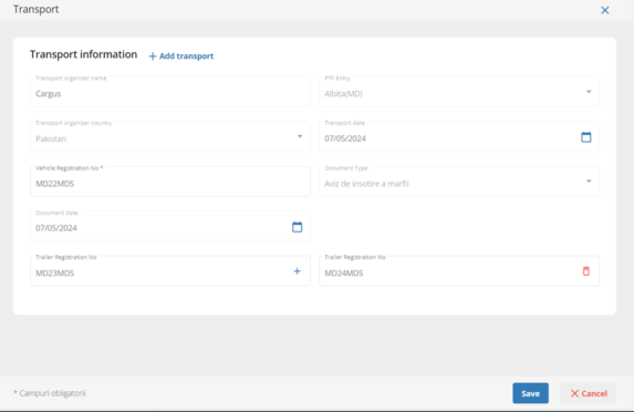 Conditions for declaring the FBE products in the RO e-Transport system ...