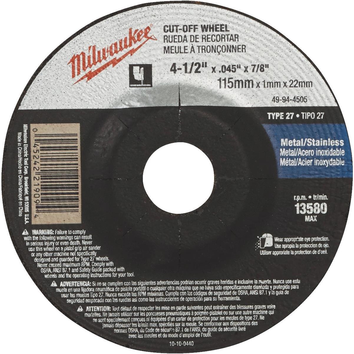 Milwaukee Type 27 4-1/2 In. x 0.045 In. x 7/8 In. Metal/Stainless Cut ...