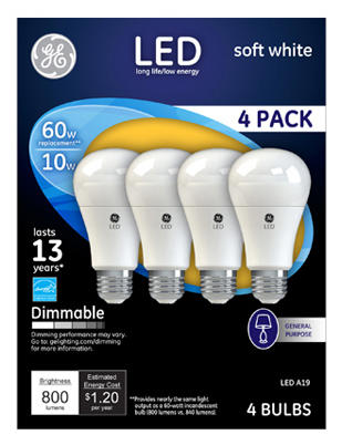 ALL SEASONS SOURCING 1910 "GE LED 10 Watt Soft White A19 (67615),Size ...