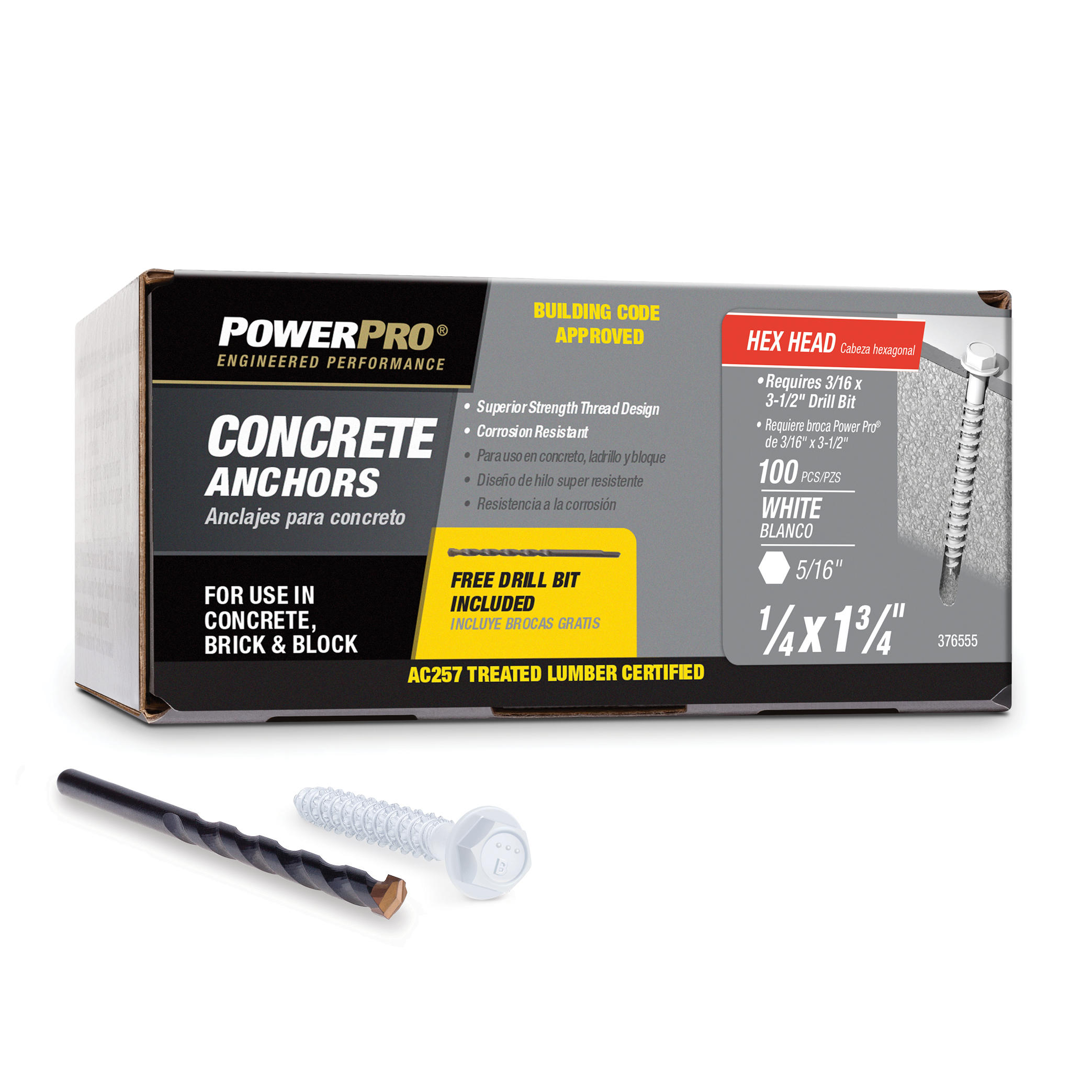 Power Pro White Hex Washer-Head Concrete Screw Anchors (1/4" x 1-3/4 ...