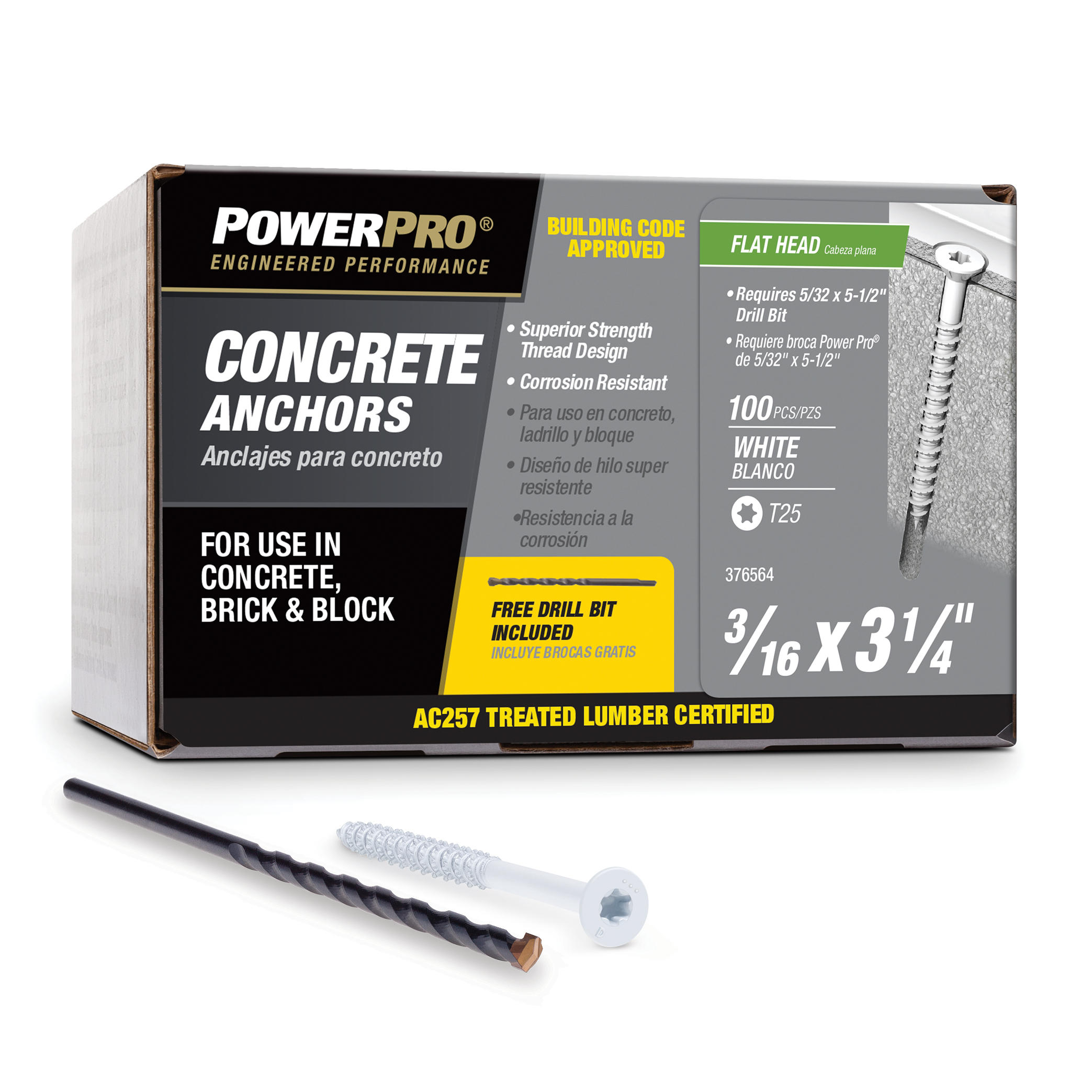 Power Pro White Flat-Head Concrete Screw Anchors (3/16" x 3-1/4") - 100 ...