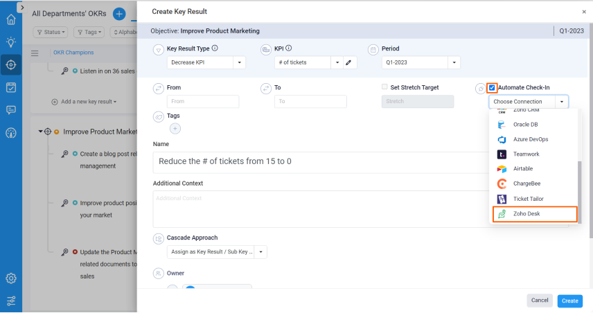 OKRs for Zoho Desk KPI | Automate your KR check-in | Zoho Desk | Profit.co