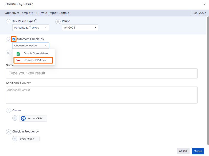 OKRs for Planview PPM Pro | Automate your key result check-in | Profit.co