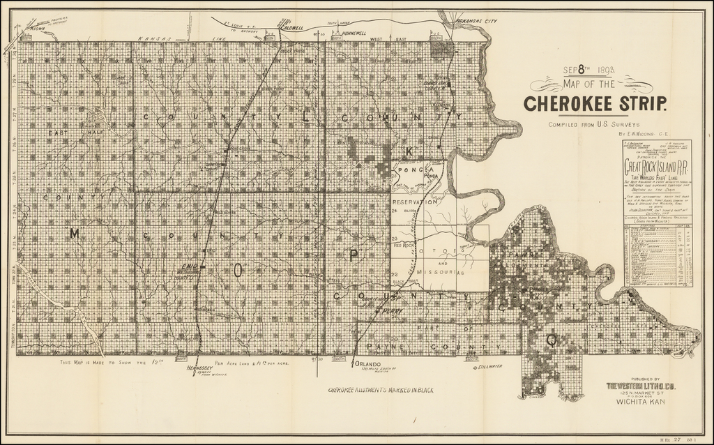 Sep. 8th 1893 Map of the Cherokee Strip. Compiled From U.S. Surveys By ...