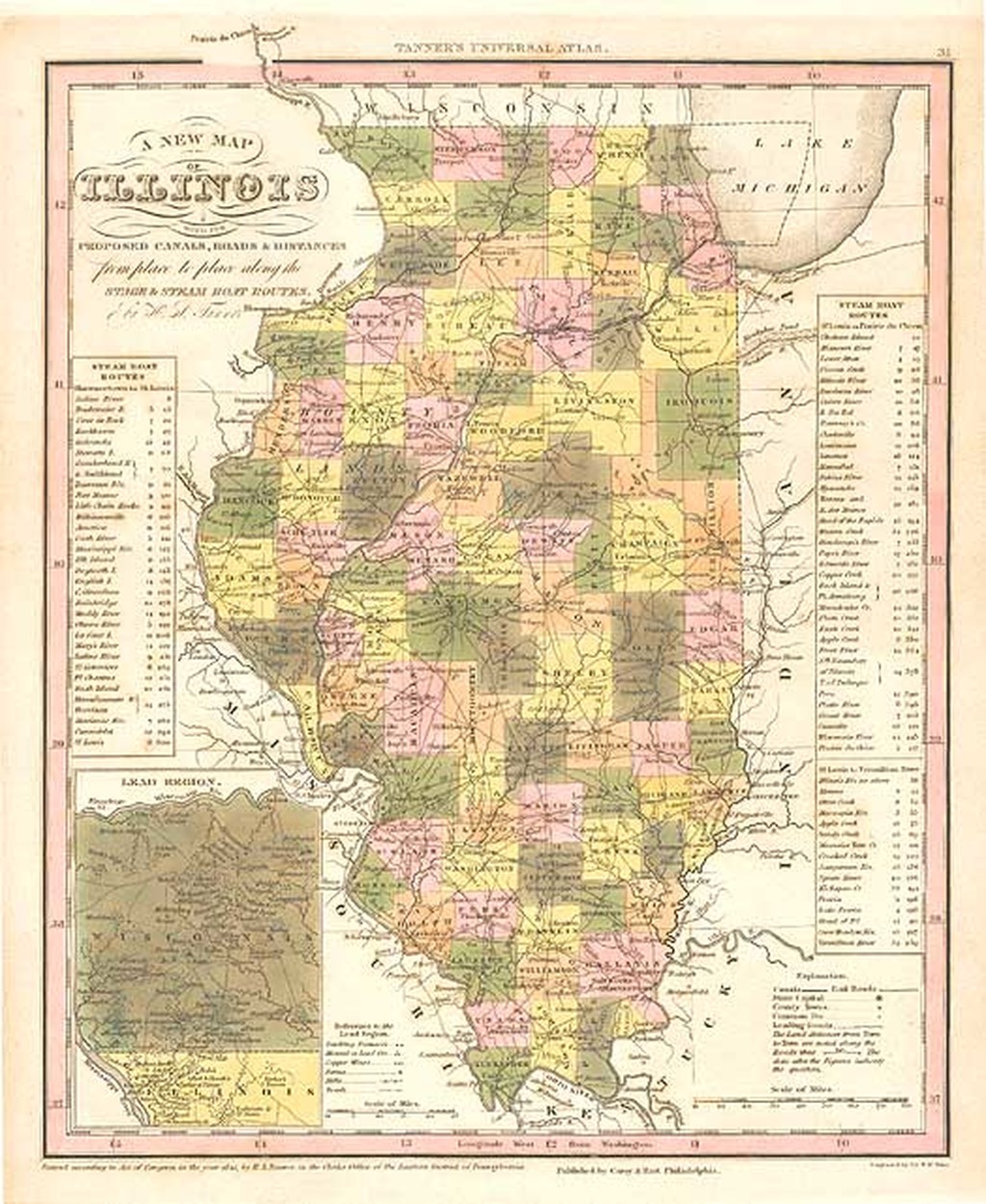 A New Map Of Illinois with its Proposed Canals, Roads & Distances from ...