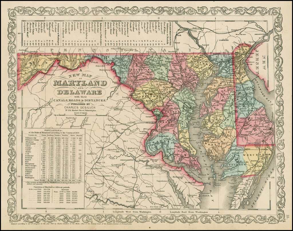 A New Map Of Maryland and Delaware with their Canals, Roads, Distances ...