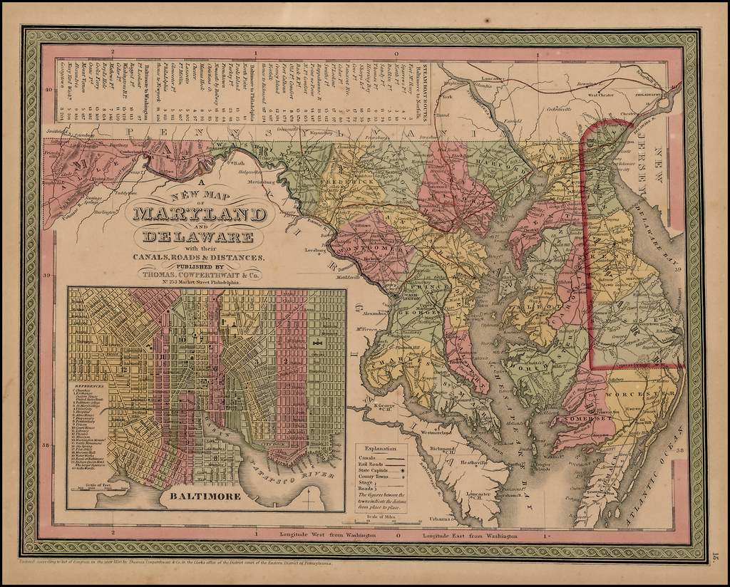 A New Map Of Maryland and Delaware with their Canals, Roads, Distances ...