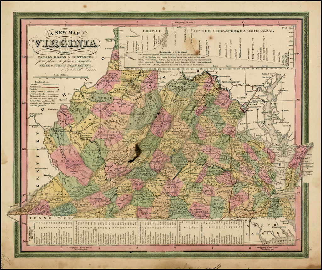 A New Map Of Virginia, with its Canals, Roads, & Distances from place ...