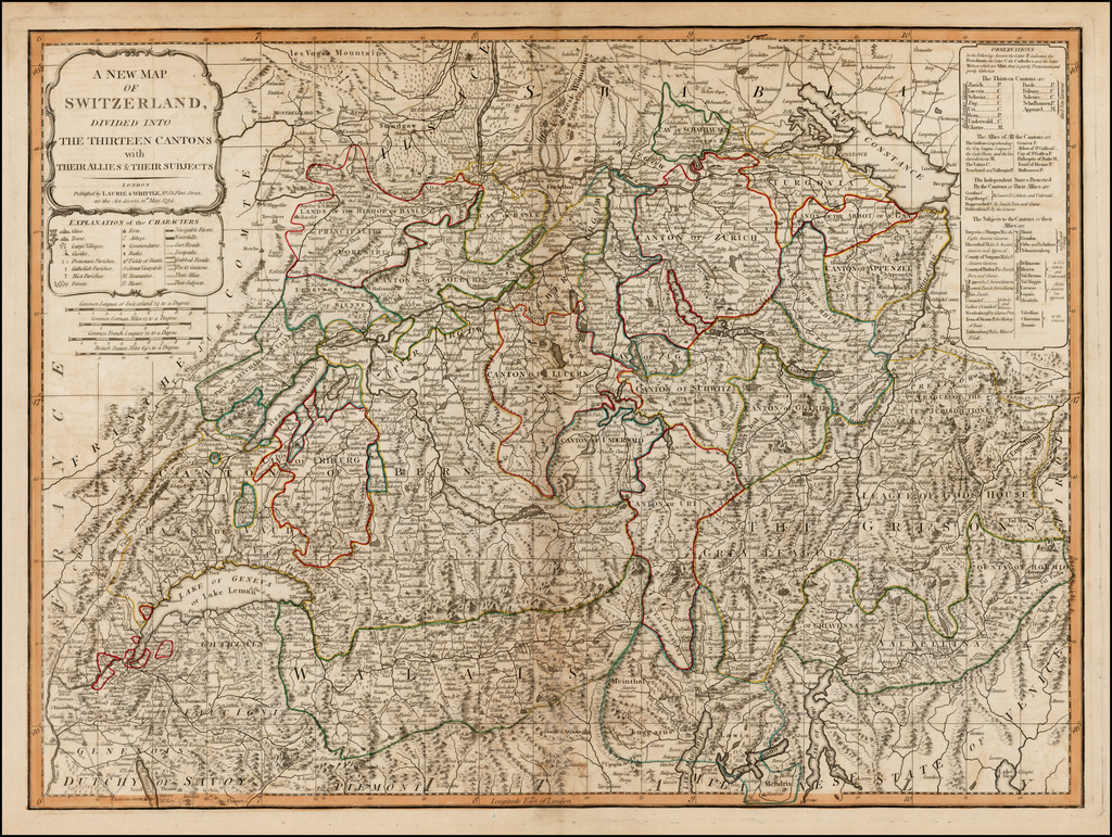 A New Map of Switzerland Divided into Thirteen Cantons With Their ...