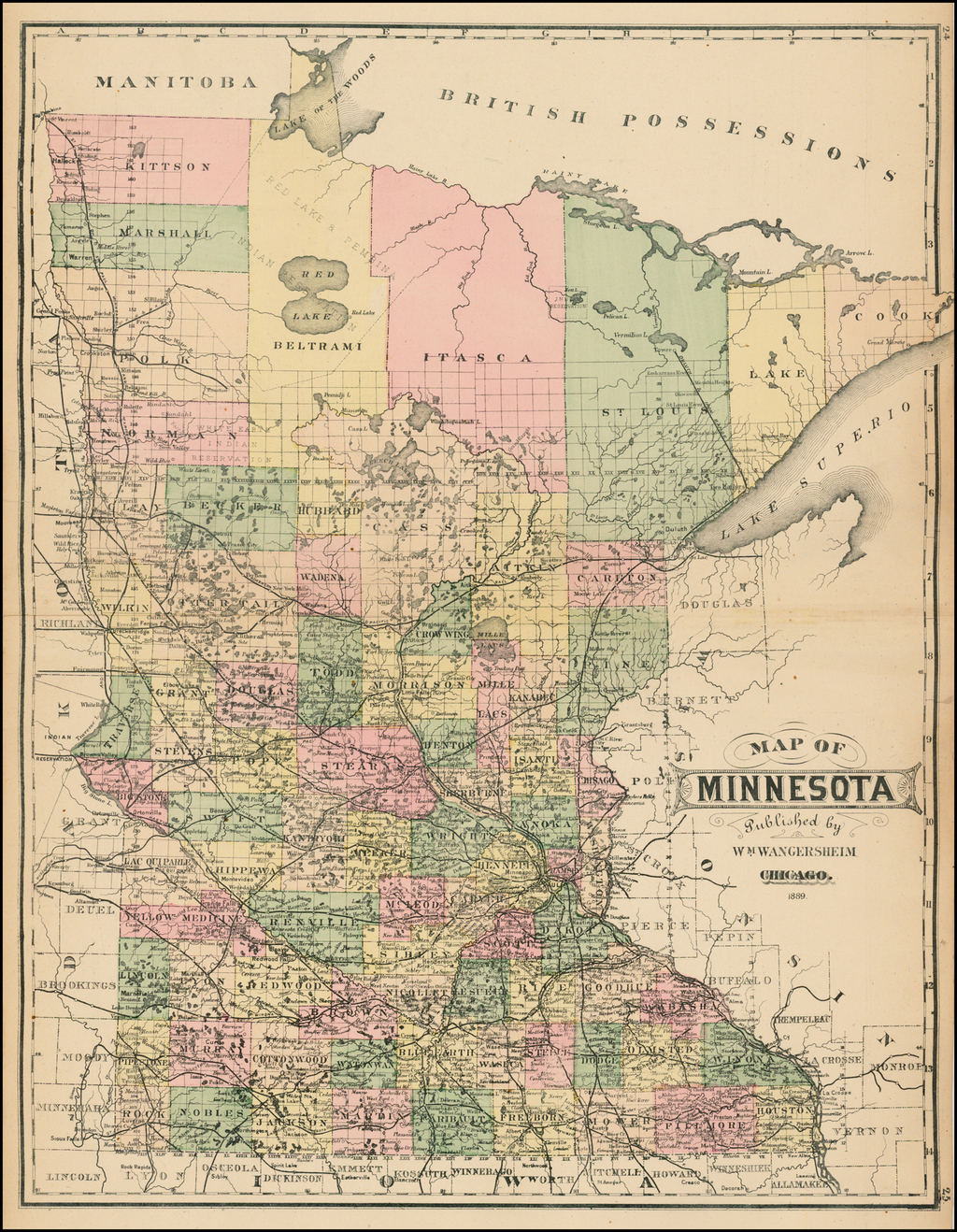 Map of Minnesota Published by Wm. Wangersheim Chicago. 1889 - Barry ...