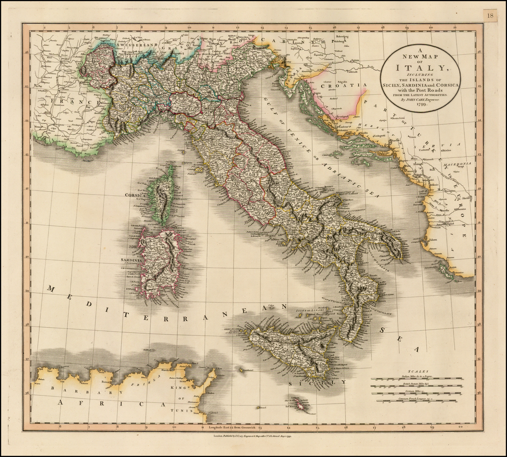 A New Map of Italy, Including The Islands of Sicily, Sardinia and ...