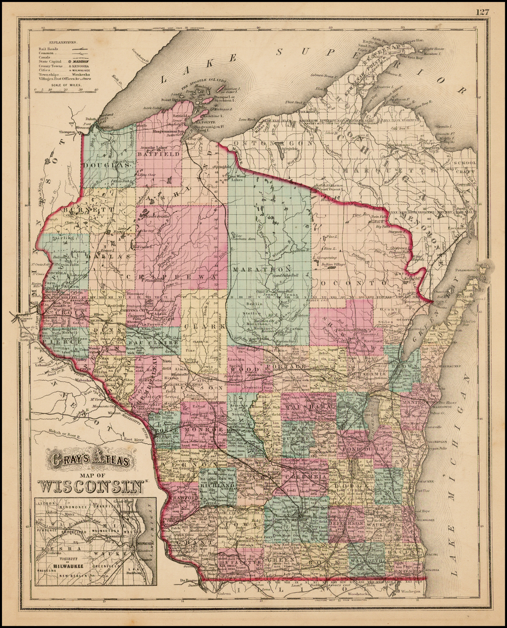 Gray's Atlas Map of Wisconsin - Barry Lawrence Ruderman Antique Maps Inc.