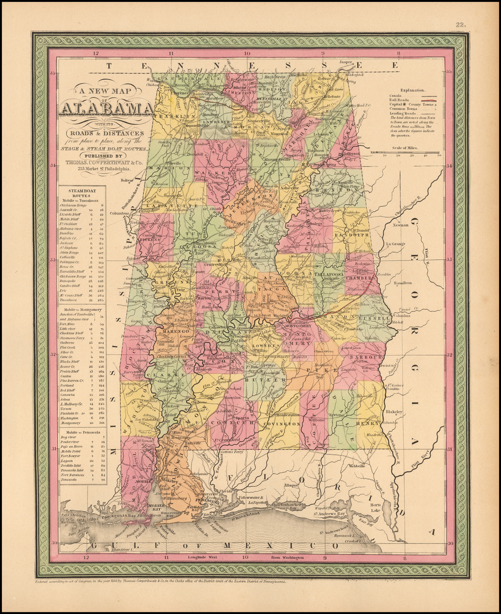 A New Map Of Alabama with its Canals, Roads, Distances from Place to ...