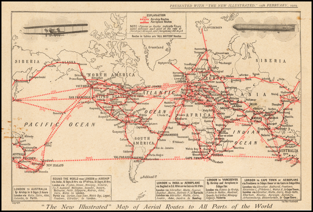 "The New Illustrated" Map of Aerial Routes to All Parts of the World ...