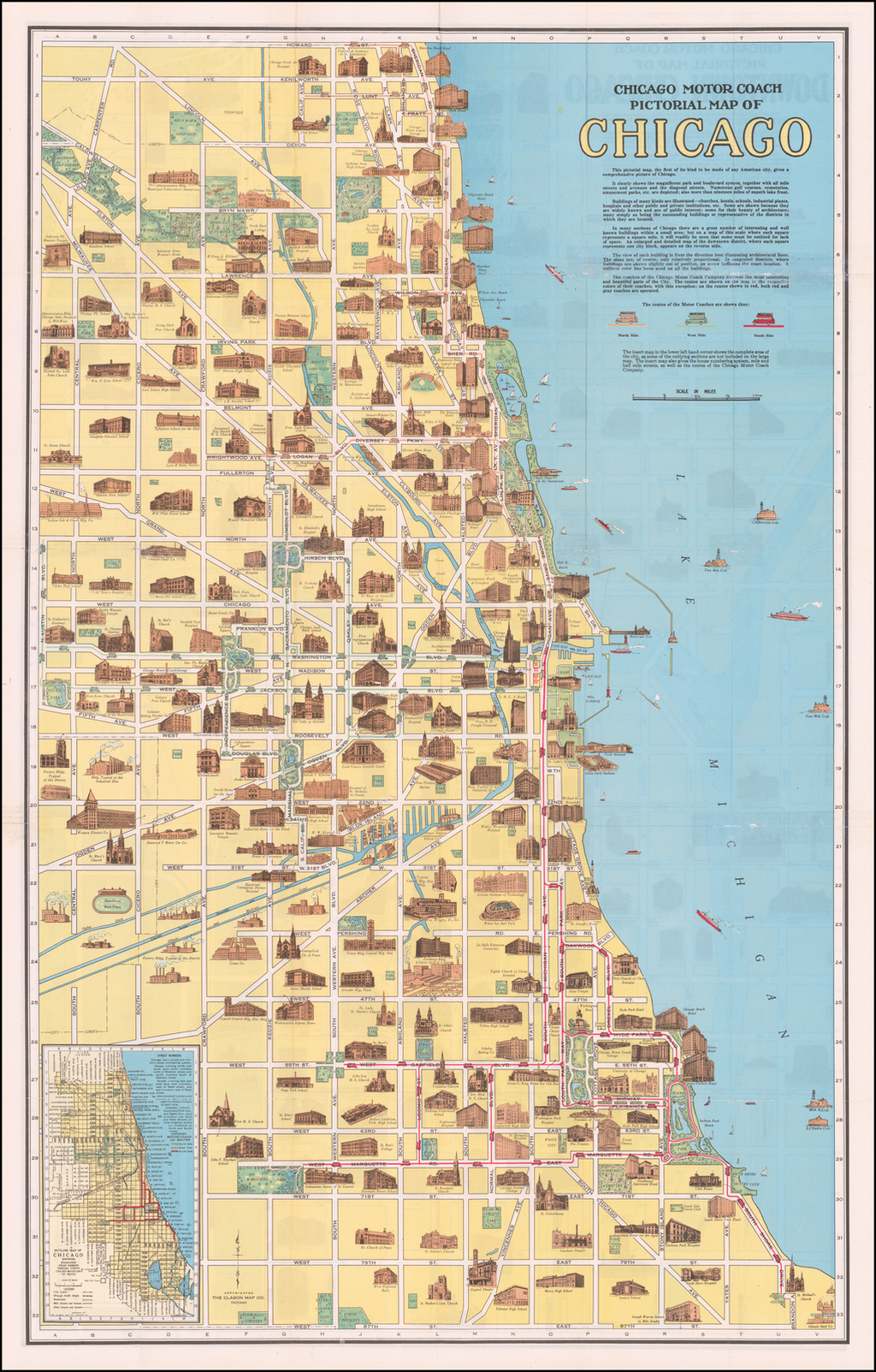 Chicago Motor Coach Pictorial Map of Downtown Chicago - Barry Lawrence ...