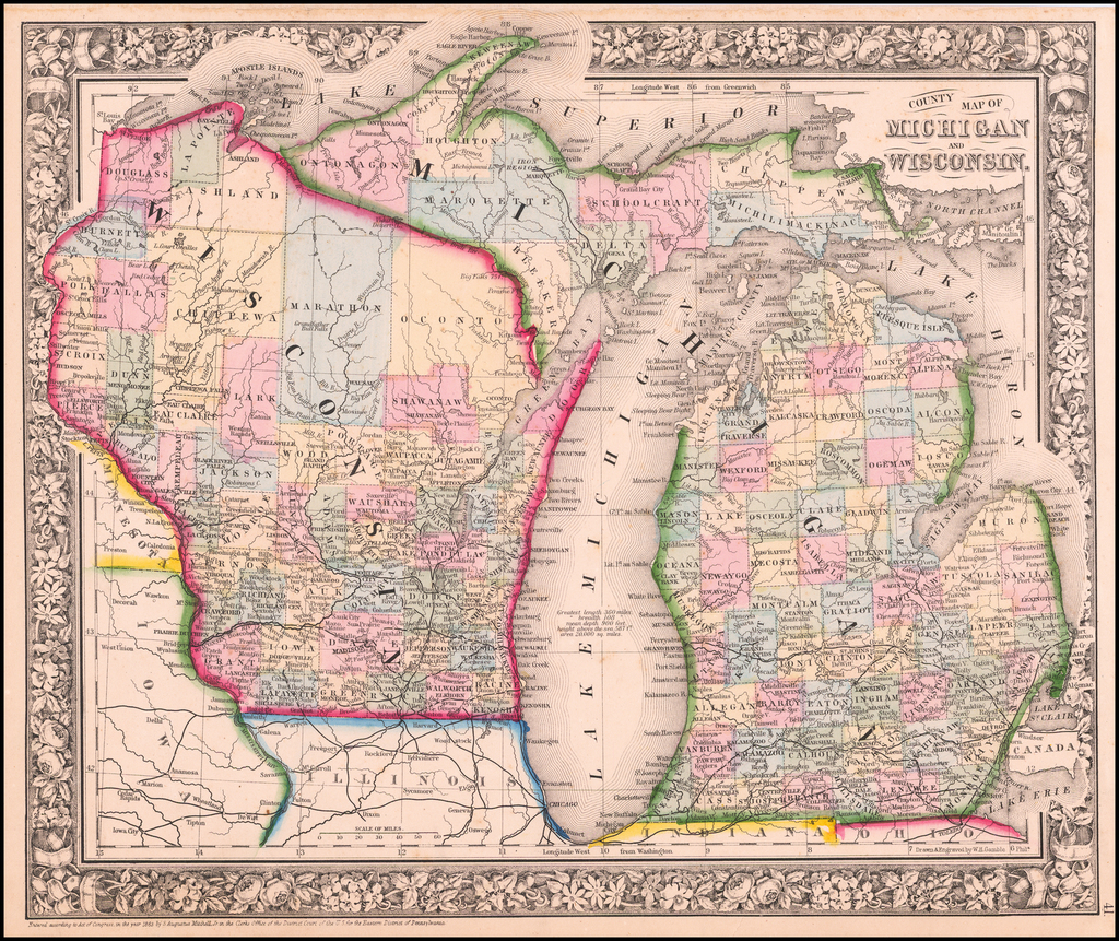 County Map of Michigan and Wisconsin - Barry Lawrence Ruderman Antique ...