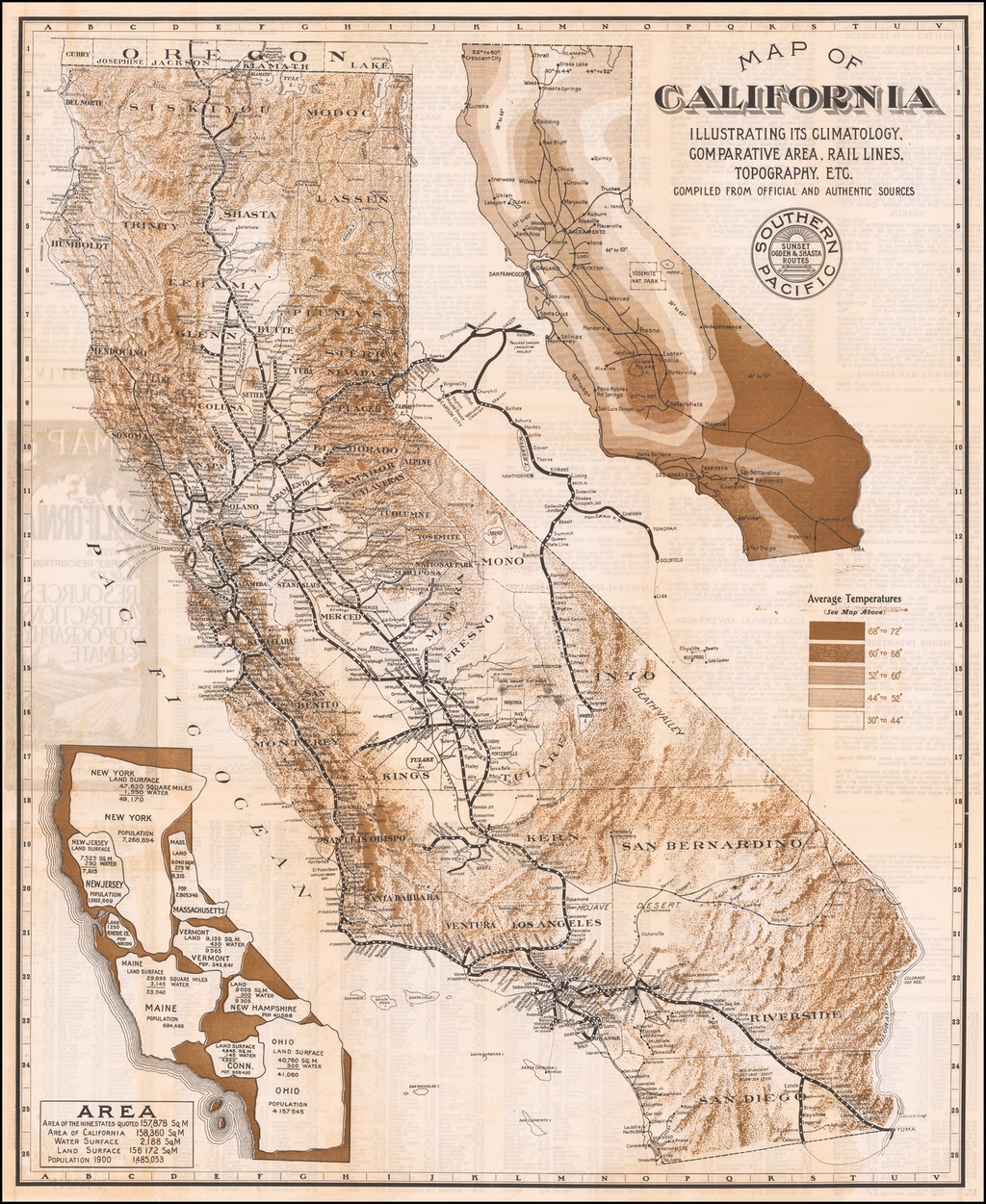 Map of California Illustrating Its Climatology, Comparative Area, Rail ...